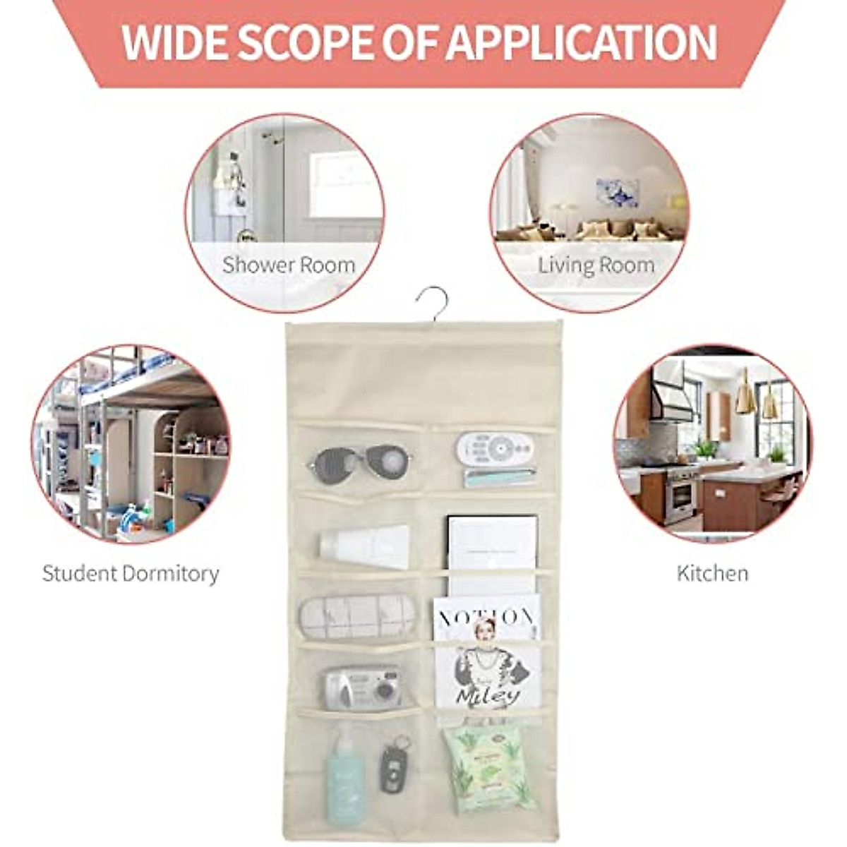 Closet Hanging Organizer Mesh Pockets and Rotating Metal Hanger, Oxford Cloth Space Saver Bag, Dual-Sided Hanging Storage Organiser for Underwear, Panties ,Bra and Sock(Beige, Expand 5+10 Pockets)