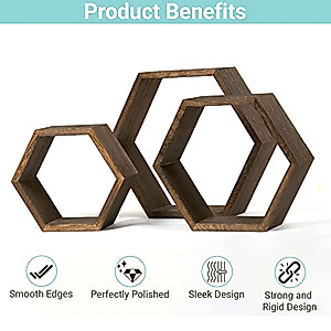 Wooden Hexagon Floating Shelves, Set of 3 Large Wall Mounted Shelf for Home, Room, Kitchen Or Office Decor, Geometric Hexagonal Rustic Farmhouse Natural Wood