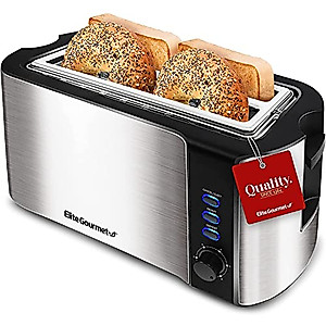 Elite Gourmet ECT-3100 Long Slot 4 Slice Toaster, Reheat, 6 Toast Settings, Defrost, Cancel Functions, Built-in Warming Rack, Extra Wide Slots for Bagels & Waffles, Stainless Steel & Black