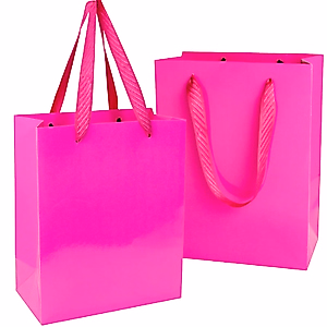 UnicoPak Hot Pink Gift Bags Medium Size 8x4x10 20Pcs, Glossy Finish Waterproof Paper Gift Bags with Handles, Party Bags Pink Gift Bags for Birthday, Party, Wedding, Bridal Shower, Shopping