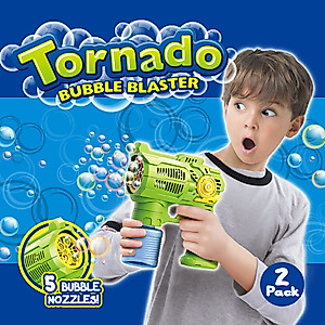Set of Two Bubble Shooter Guns Green & Blue Bubble Blaster Toy Gun, 2 Bottles of Bubble Refill Solution and Batteries Included