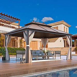 EROMMY 10' x 13' Hardtop Gazebo Double Roof Galvanized Steel Canopy Outdoor Aluminum Frame Permanent Metal Pavilion with Netting and Curtains for Patio Backyard Deck and Lawns