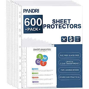Sheet Protectors, PANDRI 600 Pack Clear Heavy Duty Plastic Page Protectors Sheet Reinforced 11-Hole Fit for 3 Ring Binder Fits Standard 8.5 x 11 Paper, 9.25 x 11.25 Top Loaded, Acid Free