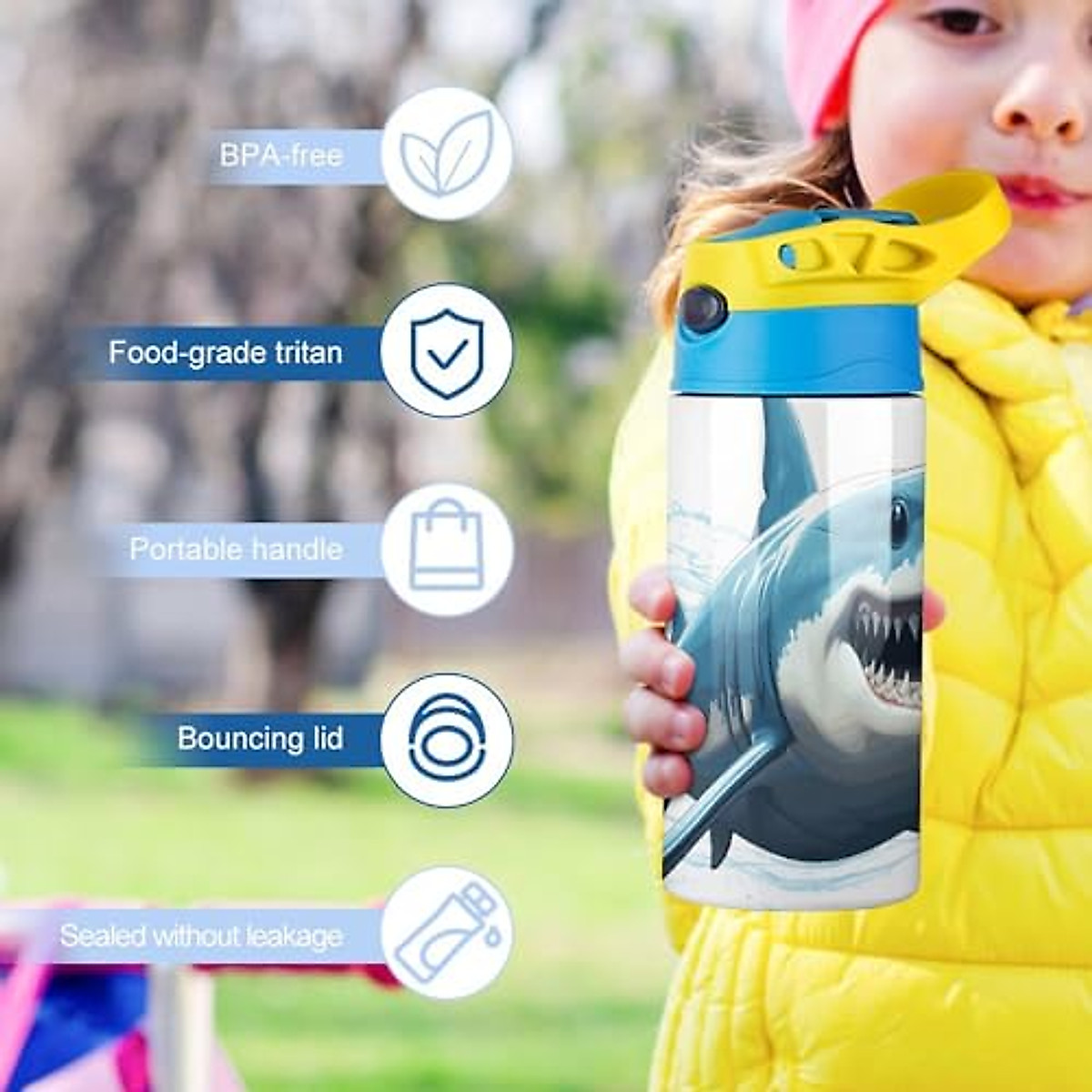 Stainless Steel Water Bottles Blue Shark Travel Water Cups with Handle And Silicone Straw Drinking Cup with Leak Proof Lid Thermo Travel Mug for Women Men