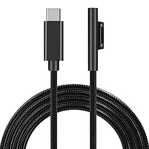 Sisyphy Metal Braided Surface Connect to USB-C Charging Cable (Bright Black 5ft), Compatible for Microsoft Surface Pro7 Go2 Pro6 5/4/3 Laptop3/2/1, Works with 45W 15V3A USBC Charger Power Supply