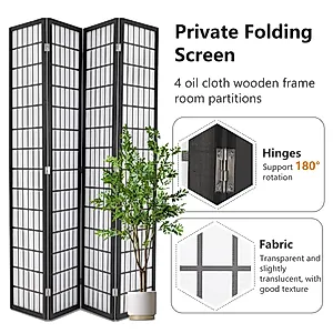 Room Divider 6Ft Folding Oriental Shoji Screen - Portable Privacy Divider with 4 Panels, Freestanding Japanese-Inspired Wood Partition Screen, White