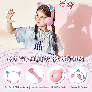 Wireless Cat Ear Headphone, Kids Headphones with Mic&LED Light Up Cat, 85dB Safe Volume Limited, Foldable Kitty Headpones for Online Learning, School, Travel, Tablet, Smartphone - Support 3.5mm Audio