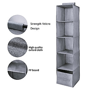 AHXNBDR Hanging Closet Organizers with Drawers, Cloth Hanging Shelves Space Saver, 5 Shelf Collapsible Hanging Closet Shelves with 1 Drawer 10.6”W x 10.6”D x 40”H