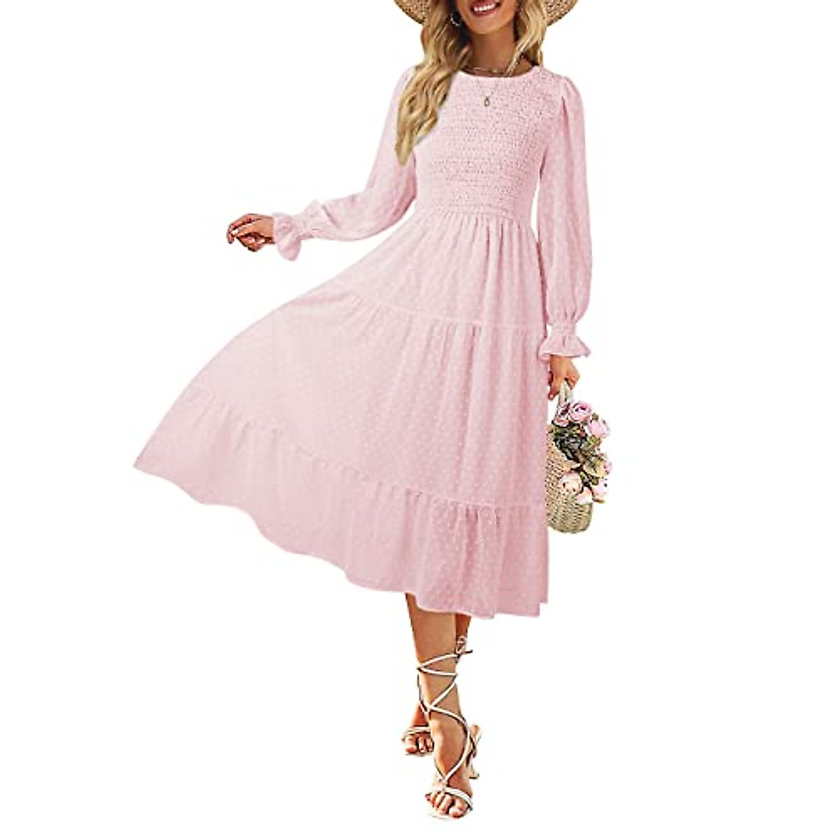 MEROKEETY Women's Long Sleeve Round Neck Smocked Elastic Waist A Line Tiered Dress,Pink,M