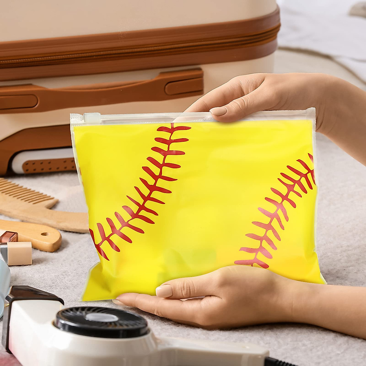 Gersoniel 50 Pieces Makeup Bag Bulk Waterproof Cosmetic Bags Eva Pencil Case Pouch Travel Toiletry Bag with Zippers for Women Players Teams(Yellow,Softball)