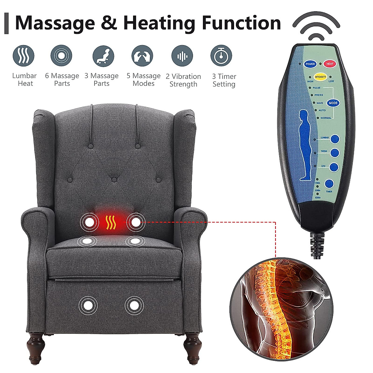 Consofa Wingback Recliner Chair with Massage and Heat Tufted Fabric Push Back Arm Chair for Living Room Vintage Recliner Chair with Remote Control, Padded Cushion, Backrest, Wooden Legs