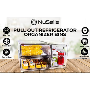 NuSaile Stackable Refrigerator Organizer Bins Pull Out Drawers with Handles - Vegetable and Fruit Storage Containers for Fridge - Kitchen Food Storage Bins - 9L+6L with Dividers+3L+3L (4 PC Set)