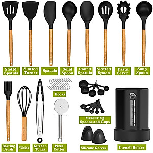 Silicone Kitchen Cooking Utensil Set, Fungun 35 Pcs Kitchen Utensils Spatula Set with Utensil Holder for Nonstick Cookware, BPA Free Cooking Utensils, Kitchen Tools Gift (Black)