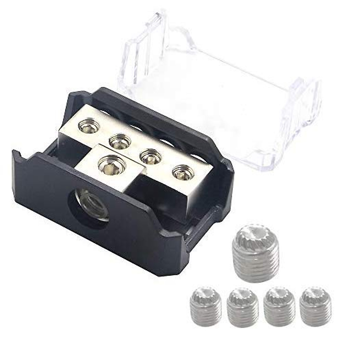 VonSom 4 Way Power Distribution Block, 1x 0/2/4 AWG Gauge in / 4X 4/8/10 Gauge Out Amp Power Distribution Ground Distributor Connecting Block for Car Amplifier Audio Splitter 2 Pack