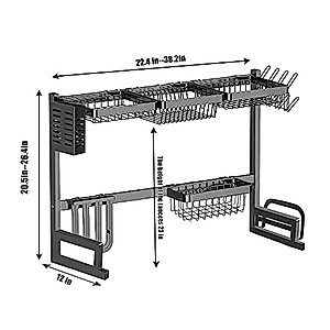 Over The Sink Dish Drying Rack, 2 Tier Stainless Steel Large Dish Racks for Kitchen Counter, Length Adjustable Dish Drainers with Utensil and Chopstick Holder (Sink Size≤36 INCH)-Black
