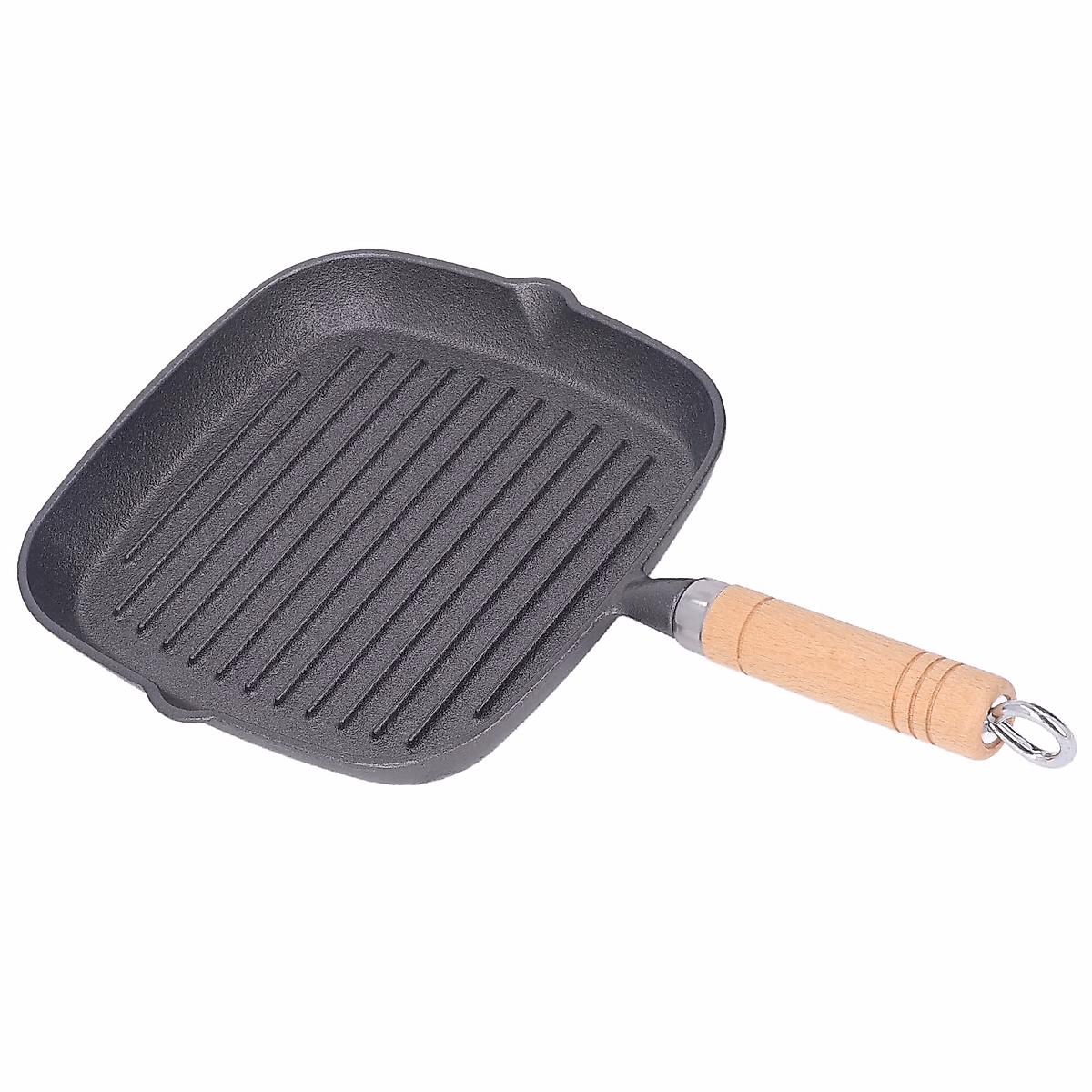 Cast Iron Grill Pan,Grill Pan,Multipurpose Prevents Stick Quadrate Cast Iron Steak Pan with Easy Grease Drain Spout with Wooden Handle for Bacon Steak Onion
