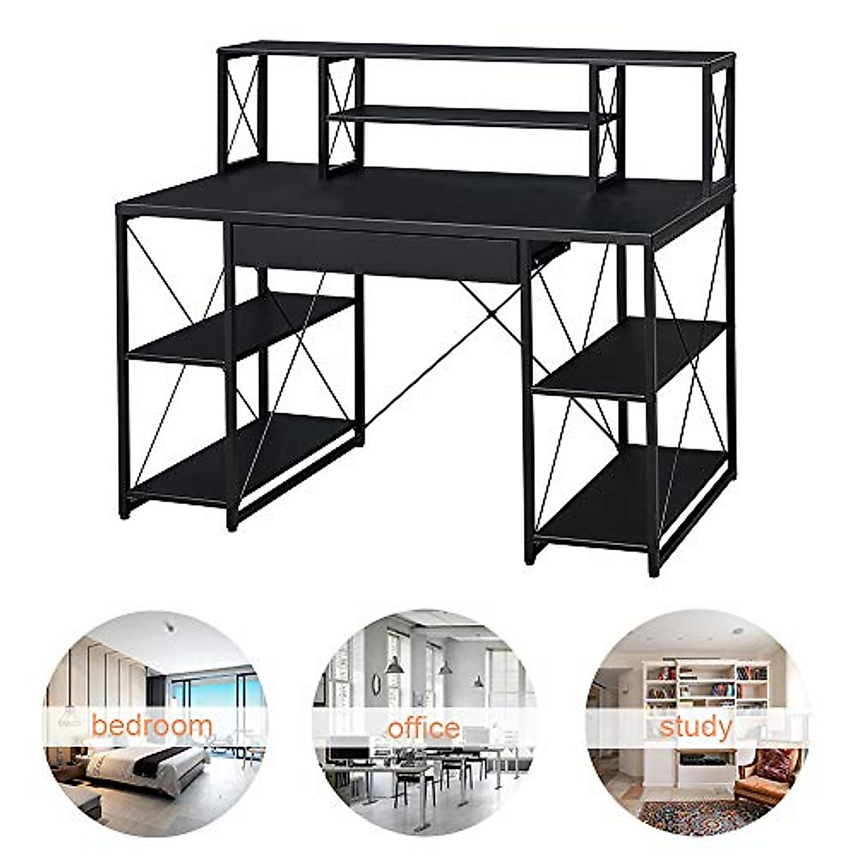 SSLine Black Computer Desk with Hutch and Storage Drawer Wood&Metal Home Study Writing Table w/Open Shelves Modern Simple PC Laptop Desk Office Workstation for Small Space