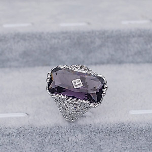 Luxury Fashion Rectangular Natural Amethyst Princess Ring in 925 Silver Openwork Square Perfect Cut Purple Gemstone Cubic Zirconia Ring CZ Eternity Engagement Wedding Ring Women's Sizes 6-10 582 (8)