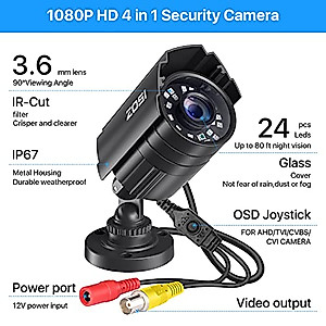 ZOSI 2.0MP 1080P HD 1920TVL Security Camera Hybrid 4-in-1 TVI/CVI/AHD/960H CVBS CCTV Camera Outdoor Indoor,80ft IR Night Vision,Weatherproof Bullet Camera For analog Surveillance DVR(Black)