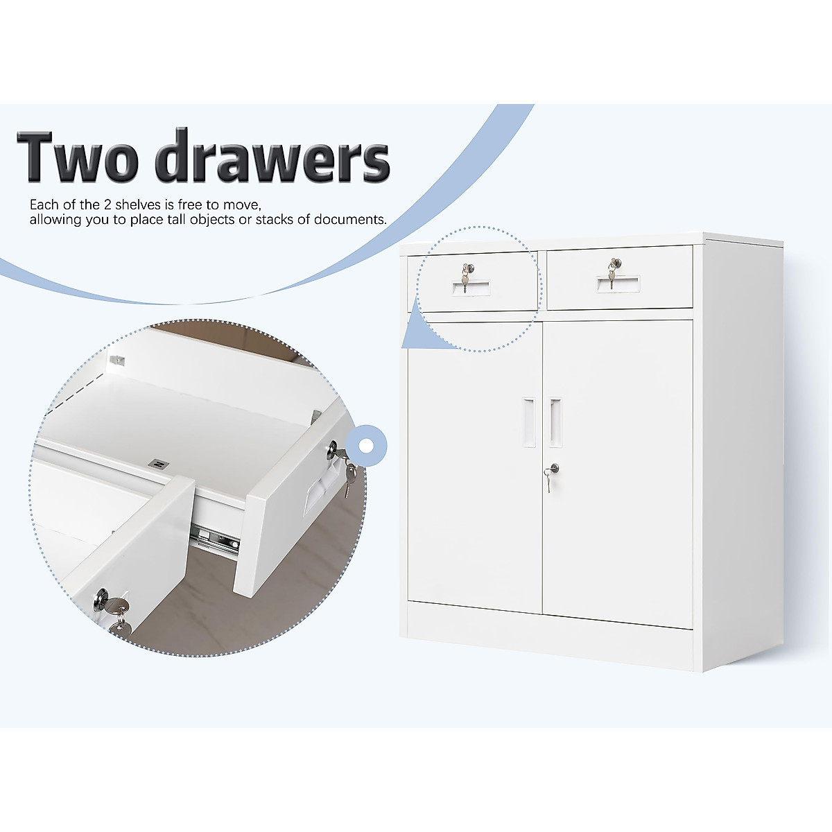 BESFUR 2 Drawers Metal Cabinet, 36” Locking File Cabinet for Garage、Classroom and Office - White