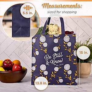 Christian Art Gifts Reusable Shopping Tote Bag for Women: Be Still & Know - Psalm 46:10 Inspirational Bible Verse, Easy-hold Collapsible Handbag for Groceries & Books, Spring White Floral, Navy Blue