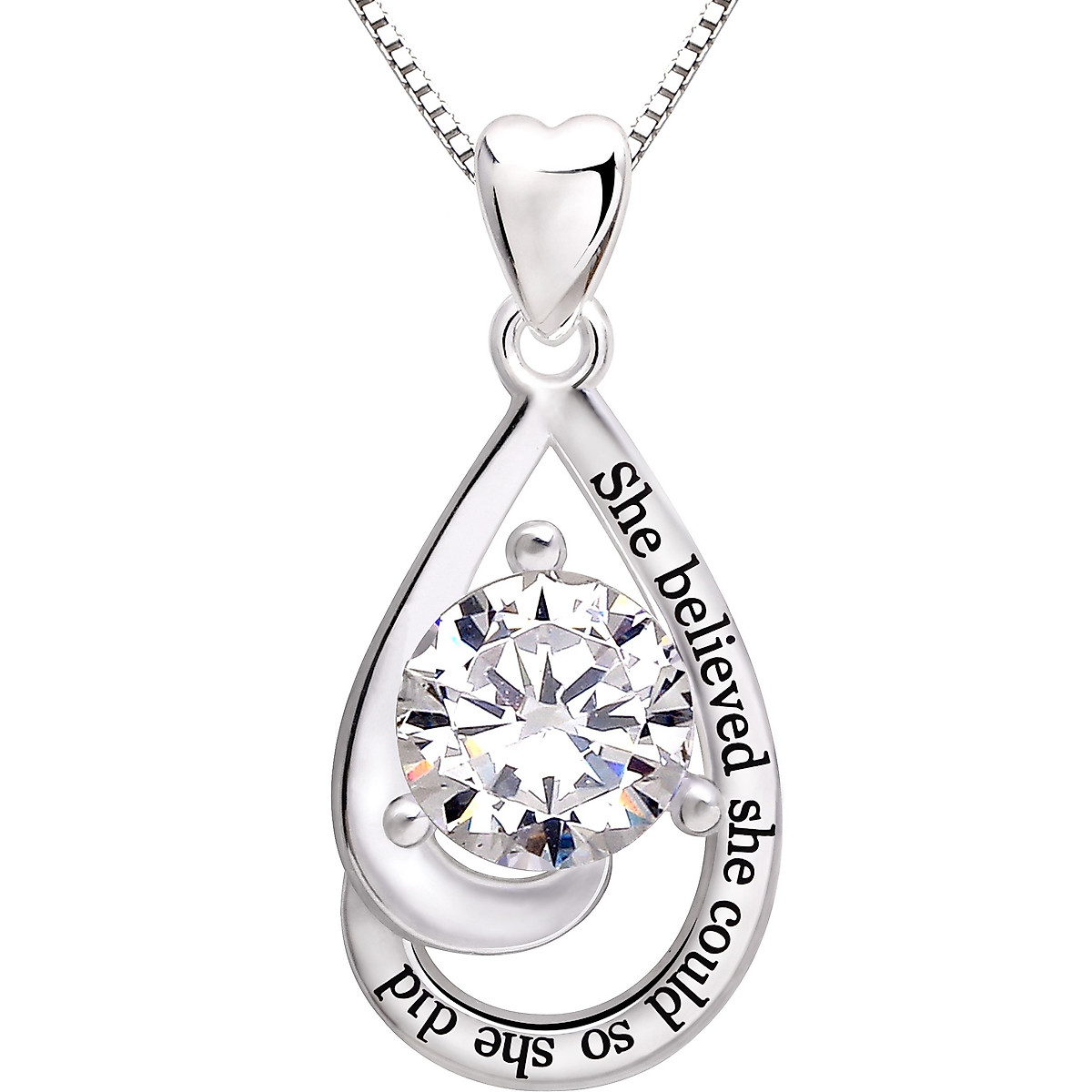 ALOV Jewelry Sterling Silver "She believed she could so she did" Cubic Zirconia Pendant Necklace