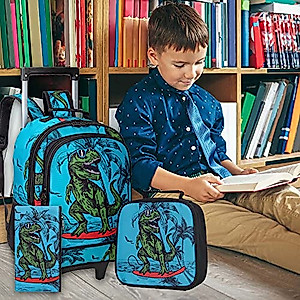 3PCS Rolling Backpack for Boys, Kids Roller Wheels Bookbag, Wheeled School Bag with Lunch Bag - Dinosaur