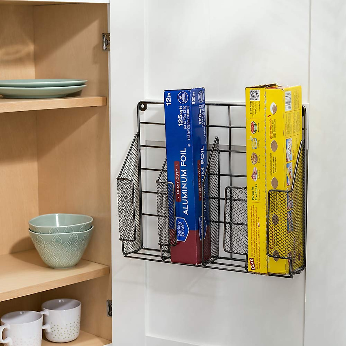 Home Basics Stainless Steel Rust Resistant Wrap Organizer, Perfect for Food Storage Bags, Silver Foil, Wax Paper, Sandwich Bags, Plastic Wrap- Mounts to Cabinet Door or Wall. Onyx/Black Finish