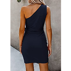 PRETTYGARDEN Women's Fashion One Shoulder Ruched Bodycon Fitted Cocktail Party Mini Dress (Navy,Medium)