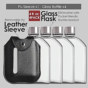 Delove Small Modern Glass Hip Flask with Removable Leather Sleeve - Durable Whiskey Flask for Men & Women - Leather Glass Flask for Liquor & Spirits,Wine (4oz x 4, Black)