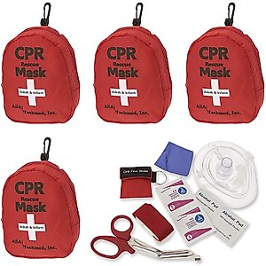 ASA TECHMED 4 Pack Emergency CPR Rescue Mask, Pocket Resuscitator with One Way Valve, EMT Trauma Scissors, Tourniquet, Gloves, Antiseptic Wipes