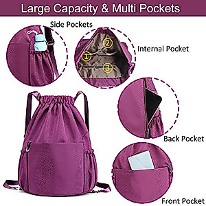 CALACH Drawstring Backpack Sports Gym Bag Yoga Travel Sackpack for Women Men Waterproof Nylon Gym Sack DayPack with Multi Pockets (Purple2)