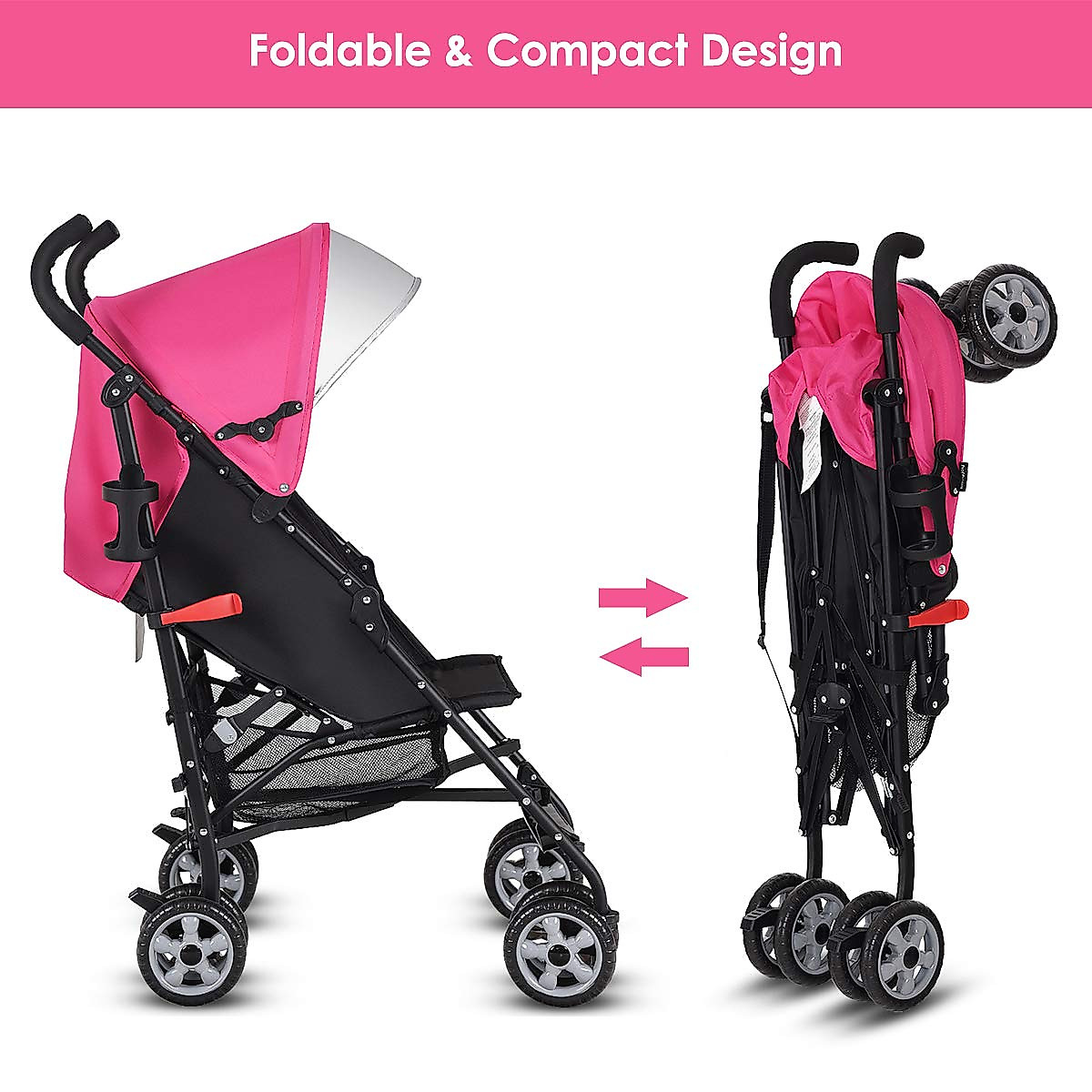 HONEY JOY Baby Lightweight Stroller, Compact Travel Stroller for Airplane, Adjustable Backrest & Canopy, 5-Point Harness, Cup Holder, Storage Basket, Foldable Umbrella Stroller for Toddlers (Pink)