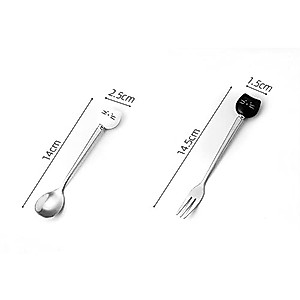 Cute Cat Coffee Spoon and Fork Set, Ceramic Stainless Steel Cat Dessert spoon Drink Spoons Fruit Fork, 5.7/7.2 Inch (5.7 inch, White&Black(Spoon+Fork Set A))