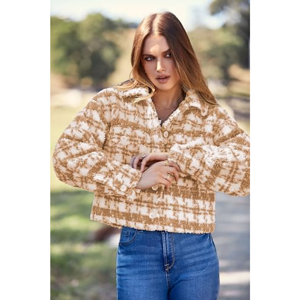 PRETTYGARDEN Women's Fall Plaid Shacket Jacket Faux Fur Lapel Open Front Cropped Winter Coats Outerwear (Light Khaki,Small)