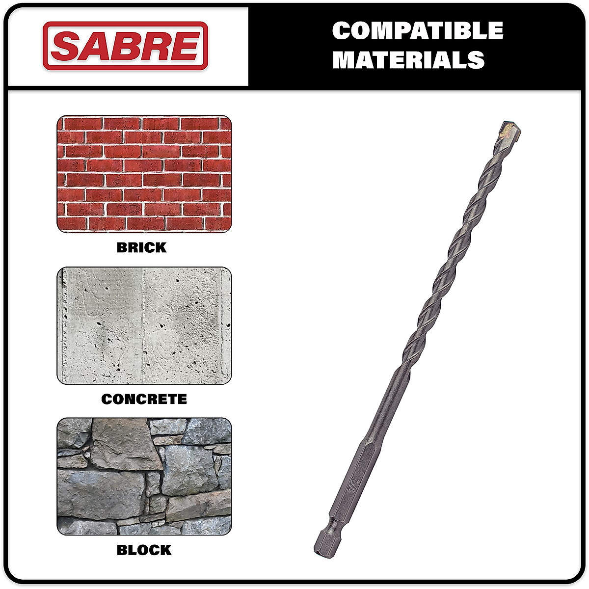 Sabre Tools 3/16 Inch x 6 Inch Masonry Drill Bit, Carbide Tipped 5-Pack for Concrete, Brick, Stone, 1/4” Hex Shank, Impact Performance (3/16” x 6”, 5)