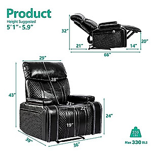 HOMYEDAMIC Recliner Chair Set of 2 with Massage Heated, Home Leather Movie Theater Seating Big High Loveseat Two Double Recliner Chair Sofa with USB Ports Cup Holders (9041-BLACK-2)