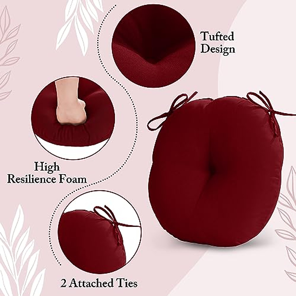 LOVTEX Memory Foam Outdoor Chair Cushions, 2 Pack, Round, 15 Inch, Dark Red, Waterproof, with Ties