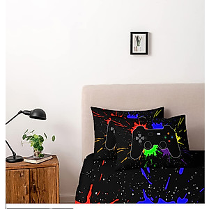 Holiyjog Game Bedding Set for Boys Kids Gamepad Duvet Cover with 2 Pillowcases Gamer Bedroom Decor Black Bed Set 3pcs,Twin Size