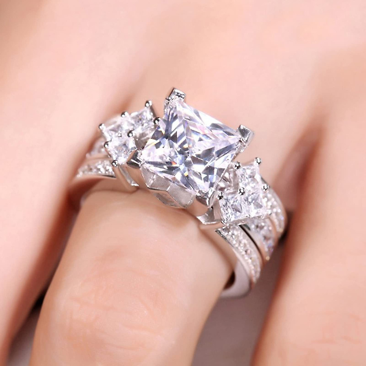 Jeulia 4.1 Carat Bridal Ring Sets for Women Princess Cut Engagement Rings Sterling Silver Wedding Band Interchangeable Rings Promise Anniversary with Jewelry Box (White, 7)