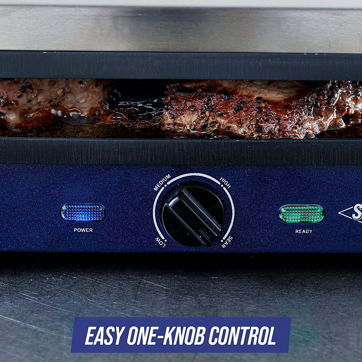 Blue Diamond Ceramic Nonstick, Electric Contact Sizzle Griddle, Open Flat Design, Dishwasher Safe Removable Plates, Adjustable Temperature Control, PFAS-Free, Blue