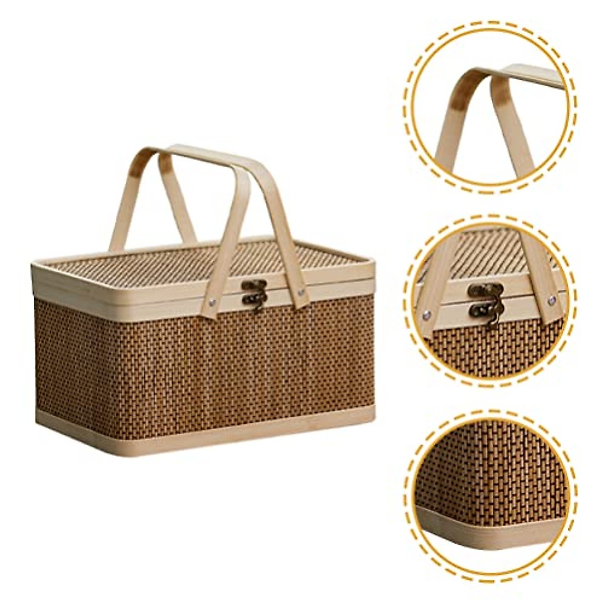 Gadpiparty Large Bamboo Basket Natural -Friendly Woven Basket Bamboo Picnic Basket with Lid Handheld Snacks Bread Storage Basket for Camping - 11.79X7.86X6.48inch
