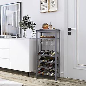 SMIBUY Wine Rack with Glass Holder & Table Top, 16 Bottles Storage, Floor Free Standing Bamboo Display Shelves for Home, Kitchen, Pantry, Cellar, Bar (Grey)