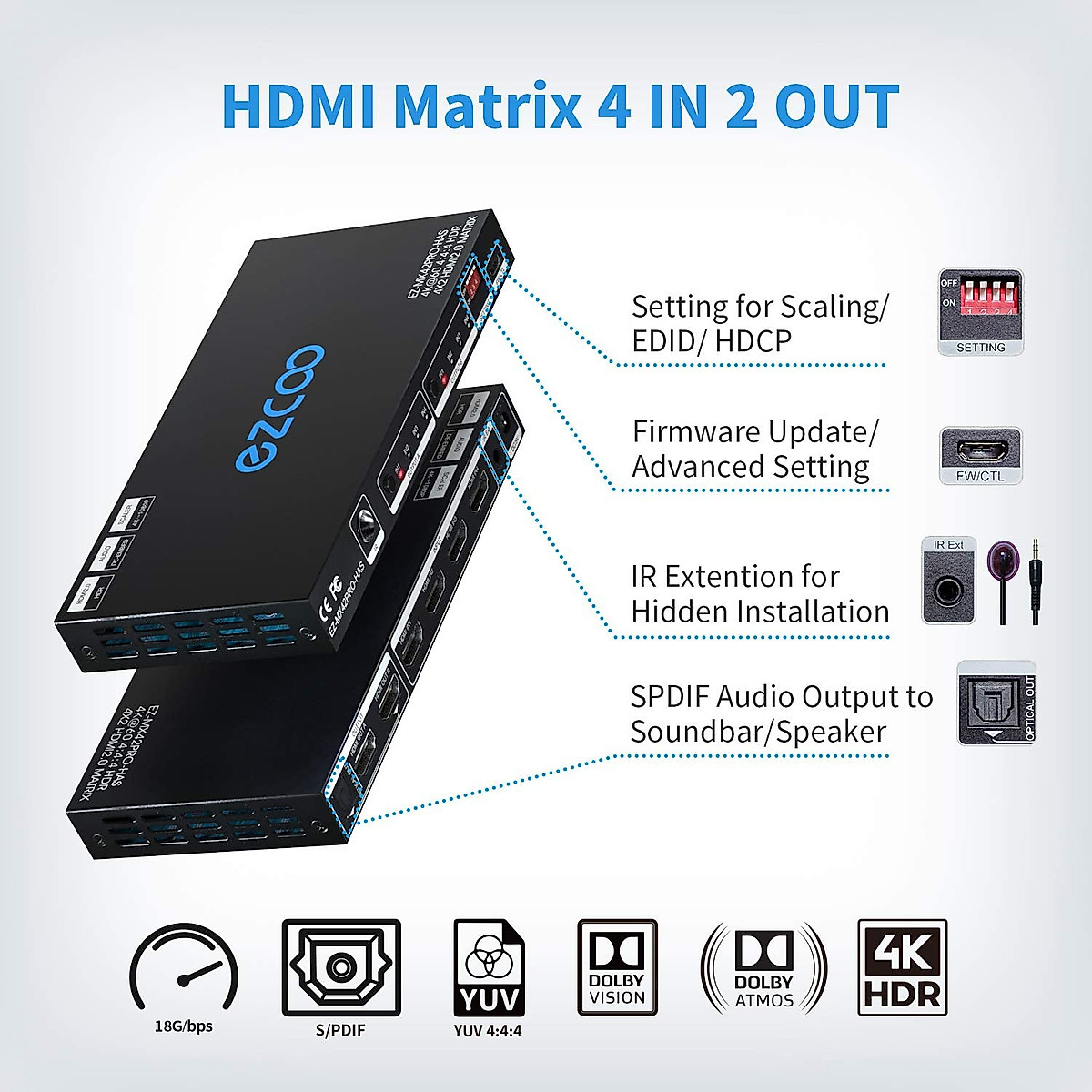HDMI Matrix 4 in 2 Out 4K 60Hz 4:4:4 HDR 10 Atmos SPDIF 5.1CH Audio Extractor - 16 EDID Option, HDMI Scaler 4K 1080P Sync, Vision Atmos Sync,HDCP2.2 HDMI Matrix 4x2 IR Remote,IR Ext. MX42PRO