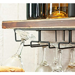 Industrial Wall Mounted Wine Rack, Wine Bottle Stemware Glass Rack, Floating Shelf Pipe Hanging Shelving with Glass Holders for Wine Glasses, Flutes, Mugs, Kitchen, Bar, (Retro Brown And Black)