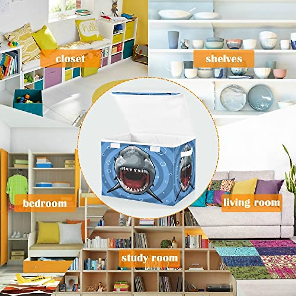 CaTaKu Sea White Shark Storage Bins with Lids and Handles, Fabric Large Storage Container Cube Basket with Lid Decorative Storage Boxes for Organizing Clothes