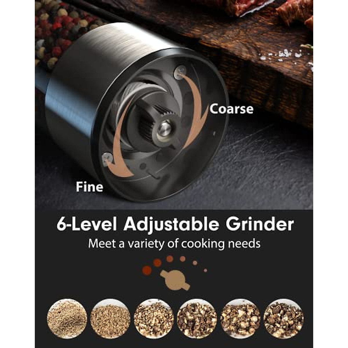 [Upgraded Larger Capacity] Electric Salt and Pepper Grinder Set Rechargeable with LED lights - Stainless Steel Automatic Pepper Grinder and Salt Grinder Refillable with 6 Adjustable Coarseness