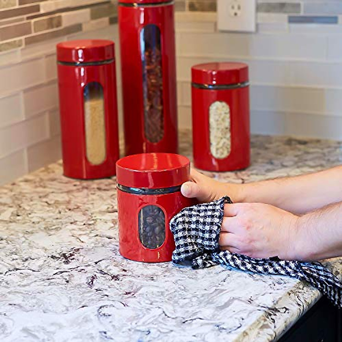 Quality Modern Red Stainless Steel Canister Set for Kitchen Counter with Glass Window & Airtight Lid - Food Storage Containers with Lids Airtight - Pantry Storage and Organization Set
