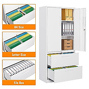ZAOUS File Cabinet 2 Drawer, Metal File Cabinet with Lock, Lateral Filing Cabinet with Doors & Adjustable Shelves for Home Office, Living Room, Pantry, Gym, Basement, Warehouse, White