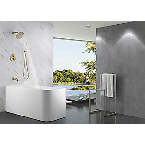 SUMERAIN Shower System with Tub Spout and Handheld Shower, Brass Rain Shower Tub Set with 8 Inches Shower Head and Rough in Valve Brushed Gold